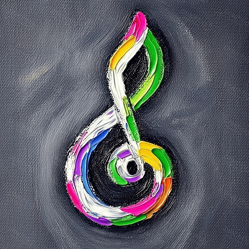 Kleurrijke muzieknoot op donker canvas – PrachtigSchilderij.nl